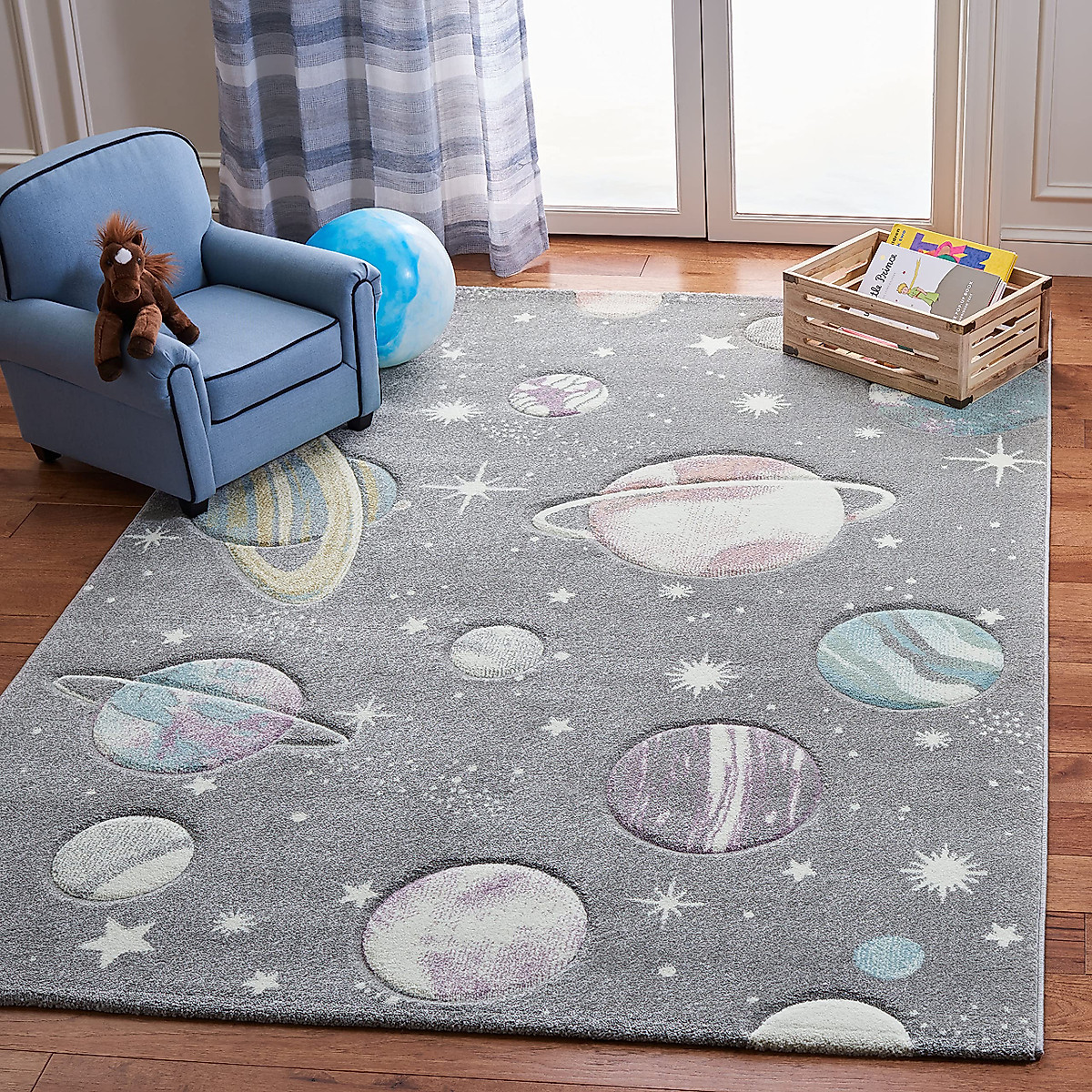 SAFAVIEH Carousel Kids Collection Area Rug - 6'7" x 9', Grey & Lavender, Non-Shedding & Easy Care, Ideal for High Traffic Areas for Boys & Girls in Playroom, Nursery, Bedroom (CRK103F)