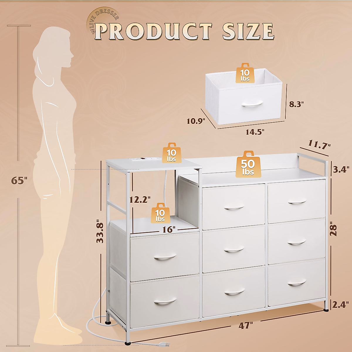 WLIVE White Dresser TV Stand for Bedroom with Charging Station and Open Shelves, Fabric Dresser with 8 Drawers and Wood Top, Wide Storage Chest of Drawers for Living Room, Hallway