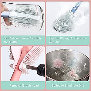 Baby Bottle Brush, VOOWO Telescopic Silicone Bottle Brush for Cleaning with Long Handle, Water Bottle Cleaner Brush with Nipple & Straw Cleaner, Included Towel (Pink Telescopic Brush & Stand)