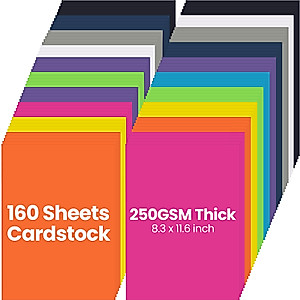 160 Sheets Cardstock Thick Paper 8.3 x 11.6 Inches 250gsm Heavyweight Card Stock Printer Paper 10 Assorted Colored Card Paper for DIY Art Scrapbook Paper Crafting School Office Supplies