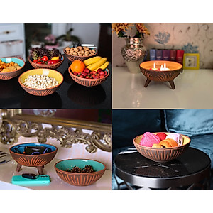 Handmade 10-inch Decorative Rustic Terracotta Bowl: Unique Gift! Ideal for Serving Fruit, Salad, Snacks, and Decorating. Leaf-Blue