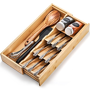 Fasmov Silverware Organizer Storage Tray, Bamboo Compact Utensil Organizer, Cutlery Expandable Organizer for Kitchen Drawer Holding Flatware Spoons Forks