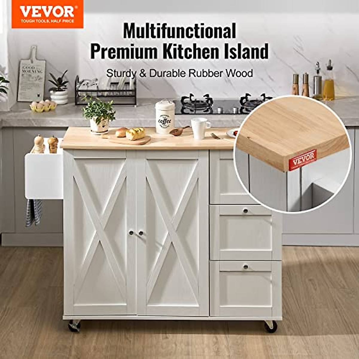 VEVOR Kitchen Island Cart with Solid Wood Top, 45.3" Width Mobile Carts with Storage Cabinet, Rolling Kitchen Table with Spice Rack, Towel Rack, Drop Leaf and Drawer, Portable Islands on Wheels, White