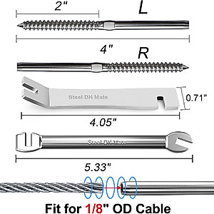 Steel DN Mate 100 Pack T316 Stainless Steel Right&Left Handed Thread Swage Lag Screws for Wood Post of 1/8" Steel Cable Railing Kit, Cable Railing Hardware, DIY Deck Railings, Wrench Include, DM50