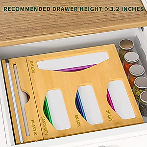 Foil and Plastic Wrap Organizer with Bag Storage Organizer, Bamboo Wrap Dispenser with cutter, Food Storage Bag Organizer for Gallon, Quart, Sandwich, Snack