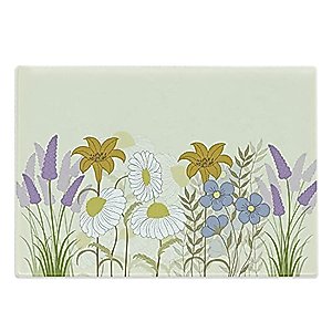 Ambesonne Floral Cutting Board, Composition of Blossoming Spring Wildflowers Chamomiles and Lavenders, Decorative Tempered Glass Cutting and Serving Board, Large Size, Eggshell and Multicolor