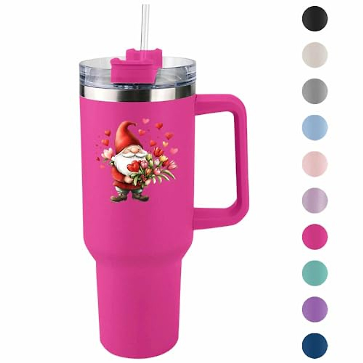 LB LEOBON 40 ounce insulated cup with handle, double-layer vacuum stainless steel material, equipped with straw, can keep warm or maintain cold drinks Red Love Gnome E Bright pink