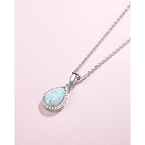 FANCIME Sterling Silver Opal Necklace White Fire Opal Halo Waterdrop Teardrop Pear Shape Opal Pendant October Birthstone Necklace Jewelry for Women 16”+2”