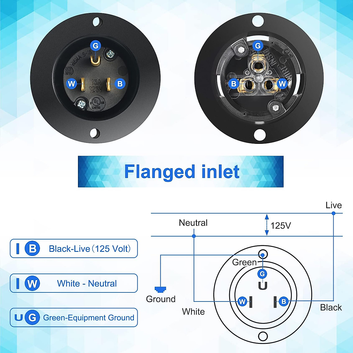 Flanged Inlet UL Listed 15 Amp 125V RV Electrical Inlet Male Receptacle with Waterproof Cover NEMA 5-15 Plug for Shore Power Marine Boat Commercial Grade 2 Pole 3 Wire