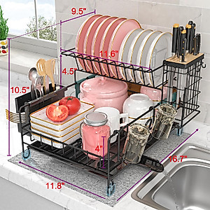 slhsy Dish Drying Rack, Stainless Steel 2-Tier Dish Rack with Cup Holder Utensil Holder Cutting Board Holder Knife Holder with Drainboard Black