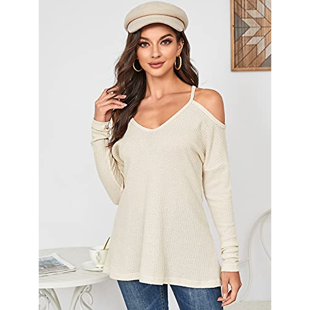 YOINS Pullover Sweaters for Women Jumpers Sexy V Neck Cold Shoulder Long Sleeves Casual Loose Fashion Knitted Tee Tops Blouse NEWVSN001-Beige S