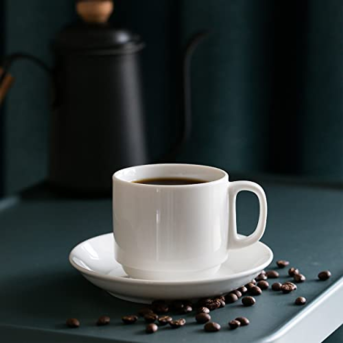 BTaT- Stackable Tea Cups and Saucers, White, Set of 6 (8 oz), Cappuccino Cups, Coffee Cups, White Tea Cup Set, British Coffee Cups, Porcelain Tea Set, Latte Cups