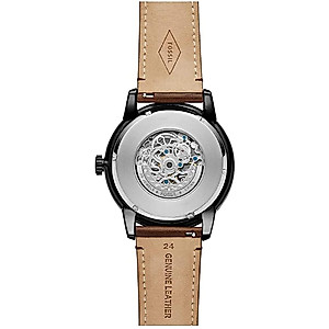 Fossil Men's Townsman Automatic Stainless Steel and Leather Three-Hand Skeleton Watch, Color: Black, Cognac (Model: ME3098)
