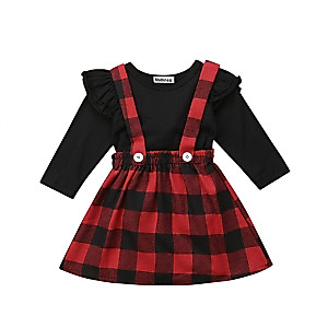 Mubineo Toddler Baby Girl Infant Plain T Shirts Plaid Overall Skirt Set Cotton Outfits (Black+Red, 6 Years)