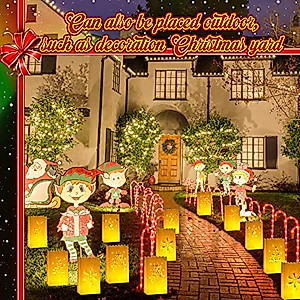 100 Pieces Christmas Luminary Bags White Paper Luminary Bags Flame Resistant Candle Bags Lantern Bags 5 Designs with Christmas Tree Snowflake Snowman Reindeer for Christmas Party Decoration