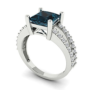 Clara Pucci 2.39ct Princess cut Custom Engraving Solitaire split shank London Blue Topaz Statement Art Deco Ring 14k White Gold SZ 9.5