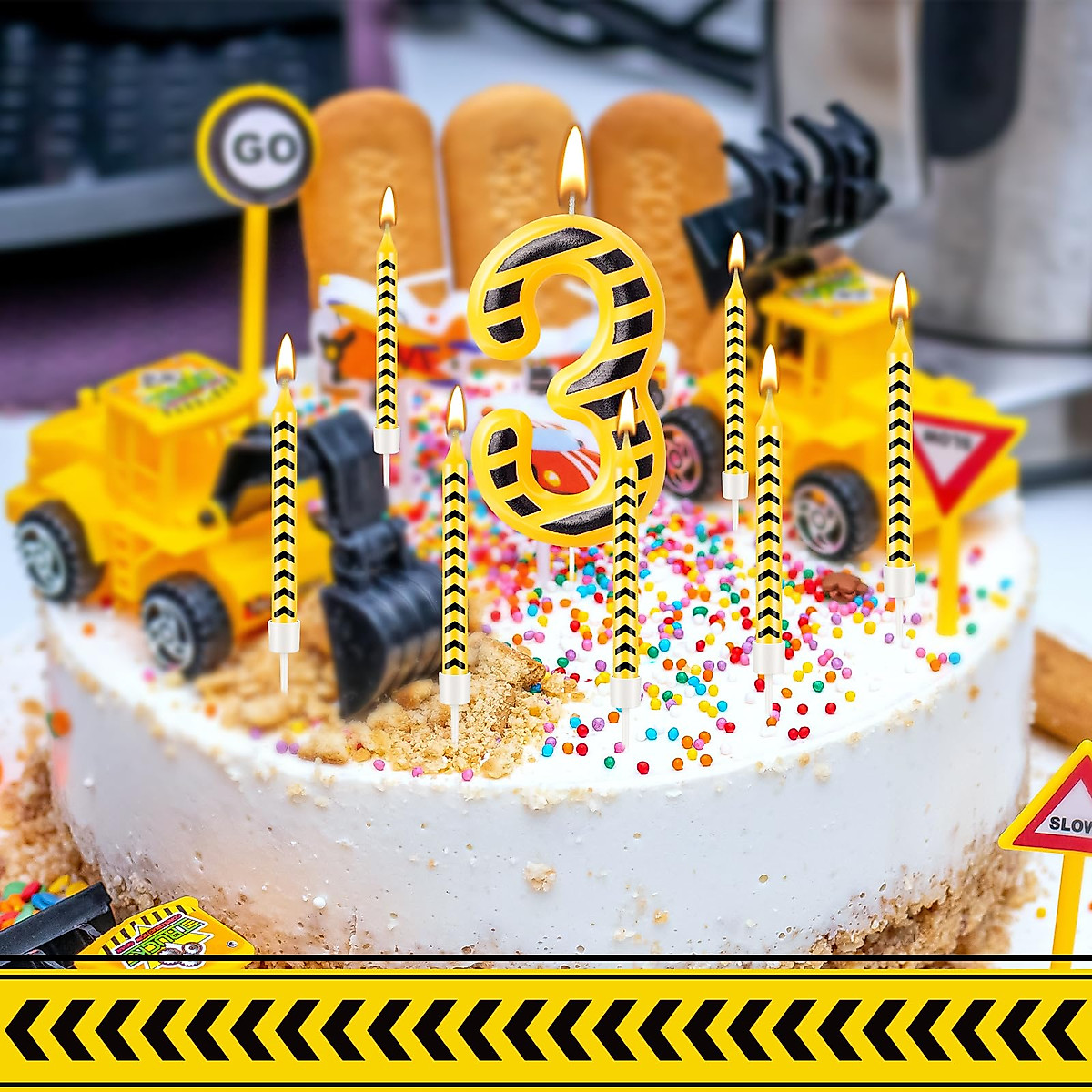 13 Pcs Construction Themed Birthday Candles Set 12 Yellow and Black Number 3 Candle Cake Topper for Construction Party Decoration Supplies (Number 3)