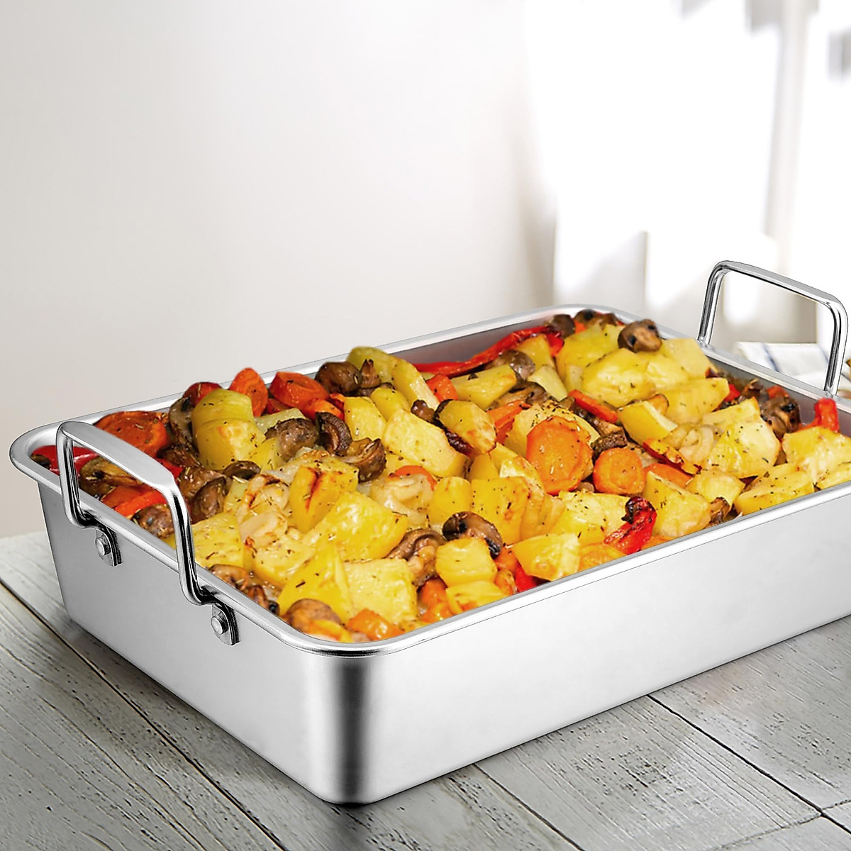 LIANYU Roasting Pan, 14 Inch Turkey Roaster Pan with 2 Racks, Heavy Duty Stainless Steel Lasagna, Pan, Deep Broiling Pan for Turkey, Chicken, Dishwasher Safe