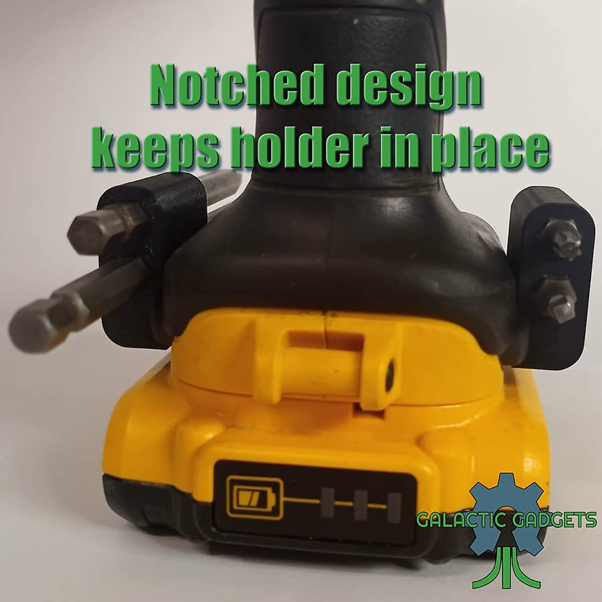 Side Mount MAGNETIC Bit Holder for Dewalt 20V or Craftsman V20 Drill or Driver - 2 Slot Pass Thru (Black) - Galactic Gadgets