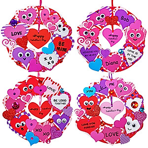 Winlyn 12 Sets Heart Wreath Ornaments Decorations Valentine Crafts Kits for Kids Classroom DIY Valentine's Day Heart Wreath Assorted Heart Cutouts Foam Stickers Googly Eyes Valentine Gift Exchange