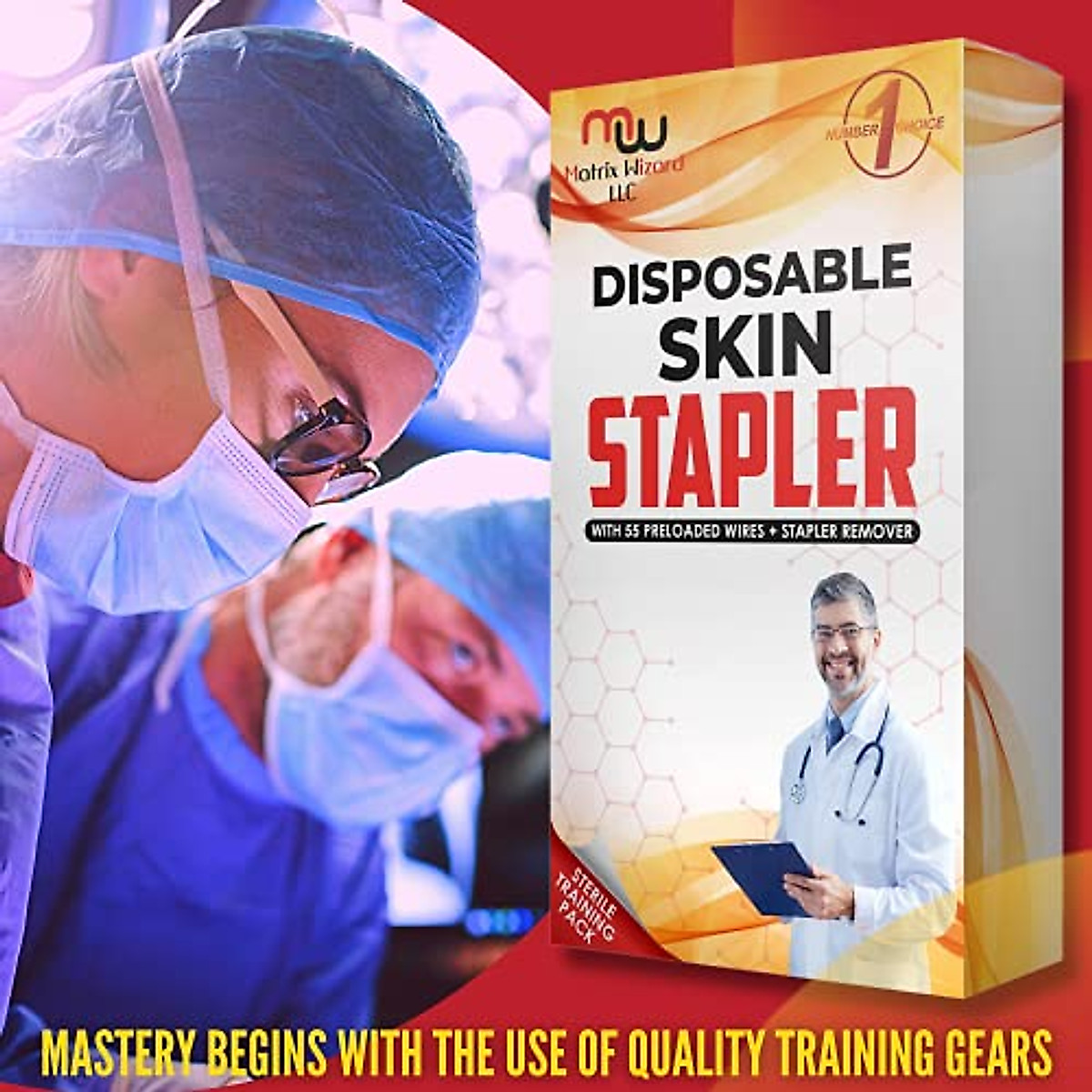 Sterile Suture Thread with Needle Plus Disposable Preloaded 55 Wire Stapler Tool - Medics, EMT, Nursing First Aid Surgical Suture Practice Kit; Outdoor Emergency Wound Training Set; Vet Use