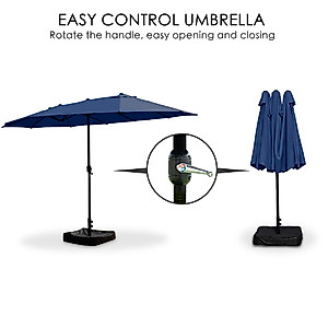 15ft Rectangle Patio Umbrella, Double-Sided Outdoor Market Umbrella with Crank Handle and Base for Pool, Garden, Backyard, Lawn (NevyBlue W/O SolarLights)