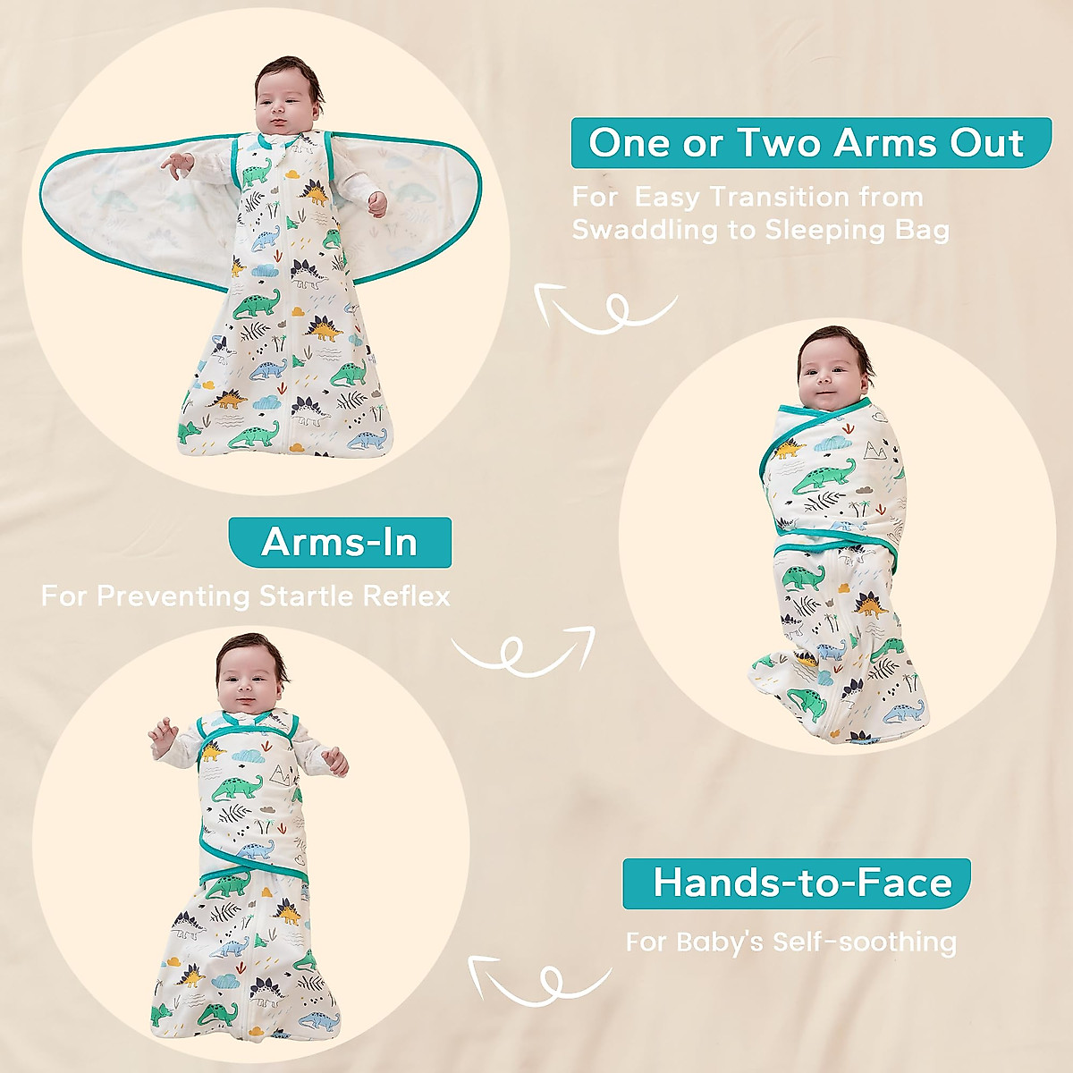 ZIGJOY Baby Swaddle Wearable Blanket 3-Way Adjustable 0.5 TOG Transtion Sleep Sack 100% Cotton for Newborn Infant Boy Girl 0-6 Months Jurassic