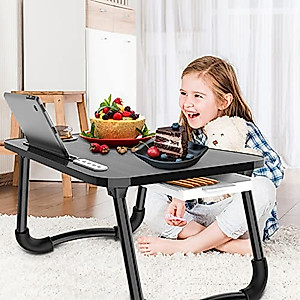 Zapuno Laptop Lap Desk, Foldable Laptop Table Tray with 4 USB Ports Storage Drawer and Cup Holder, Laptop Bed Desk Laptop Stand for Bed Lap Tray Portable Standing Table for Bed Couch Floor