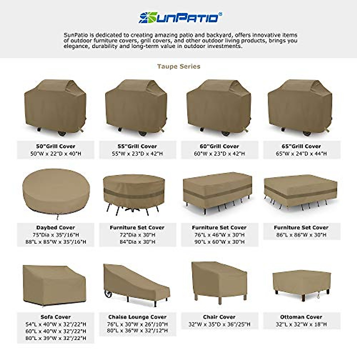 SunPatio Outdoor Furniture Set Cover, Heavy Duty Waterproof Patio Square Table and Chairs Cover for Dining Set, Fade Resistant Varanda Garden Deck Sectional Set Cover, 86" L x 86" W x 30" H, Taupe