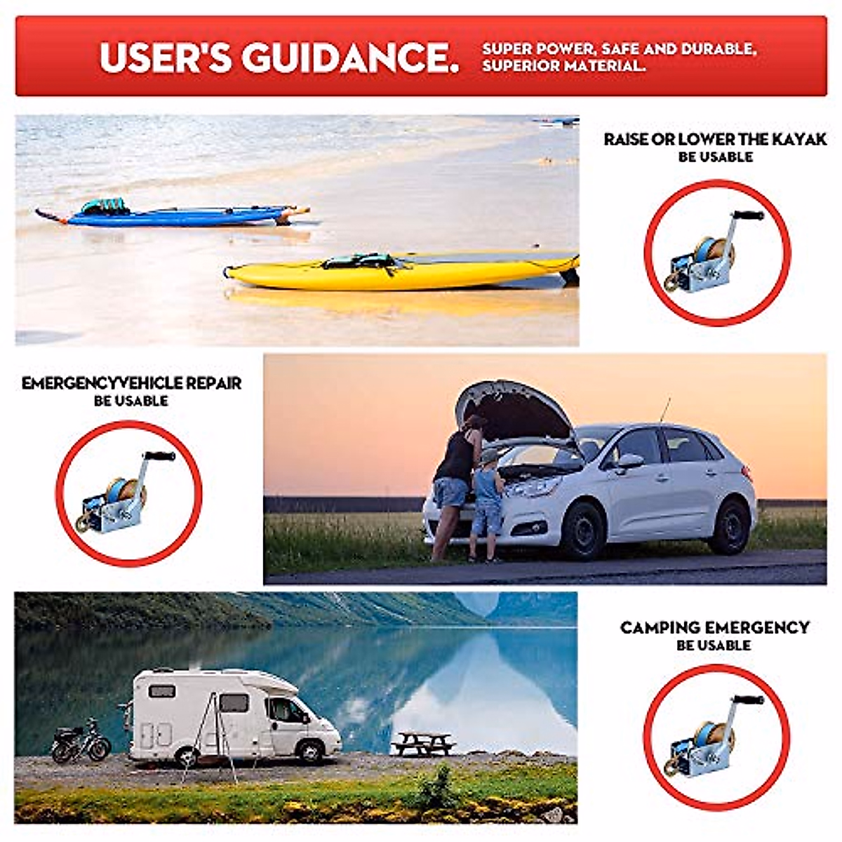 BULLETSHAKER 3200LBS Polyester Strap 2 Gear Hand Winch Hand Crank Gear Winch ATV Boat Trailer