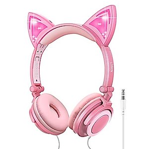 LOBKIN Foldable Wired Over Ear Kids Headphone with Glowing Light for Girls Children Cosplay Fans,Cat Ear Headphones (Peach)