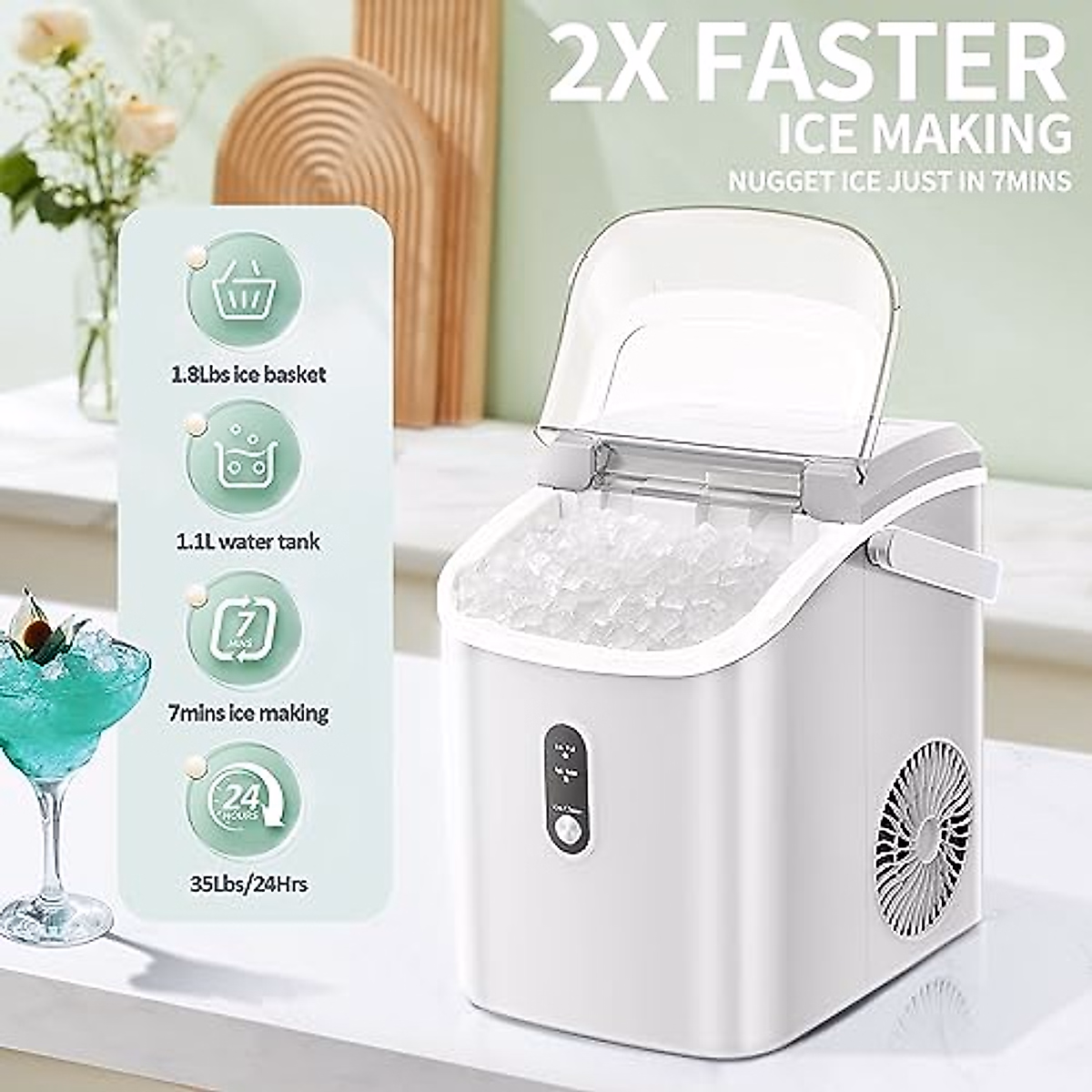 ZAFRO Nugget Ice Maker Countertop, Pebble Ice Maker Machine with Self-Cleaning, 35Lbs/24H, Pellet Ice Maker with Ice Basket/Ice Scoop/Ice Bag for Home/Office/Bar/Party, White