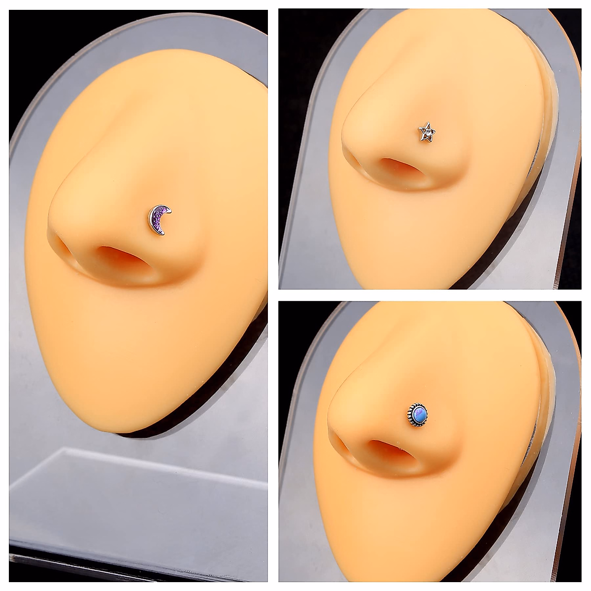 Jewseen Nose Rings Set 3PCS Moon Star Marble Stone Nose Piercing 18g Stud Rings Body Piercing Jewelry