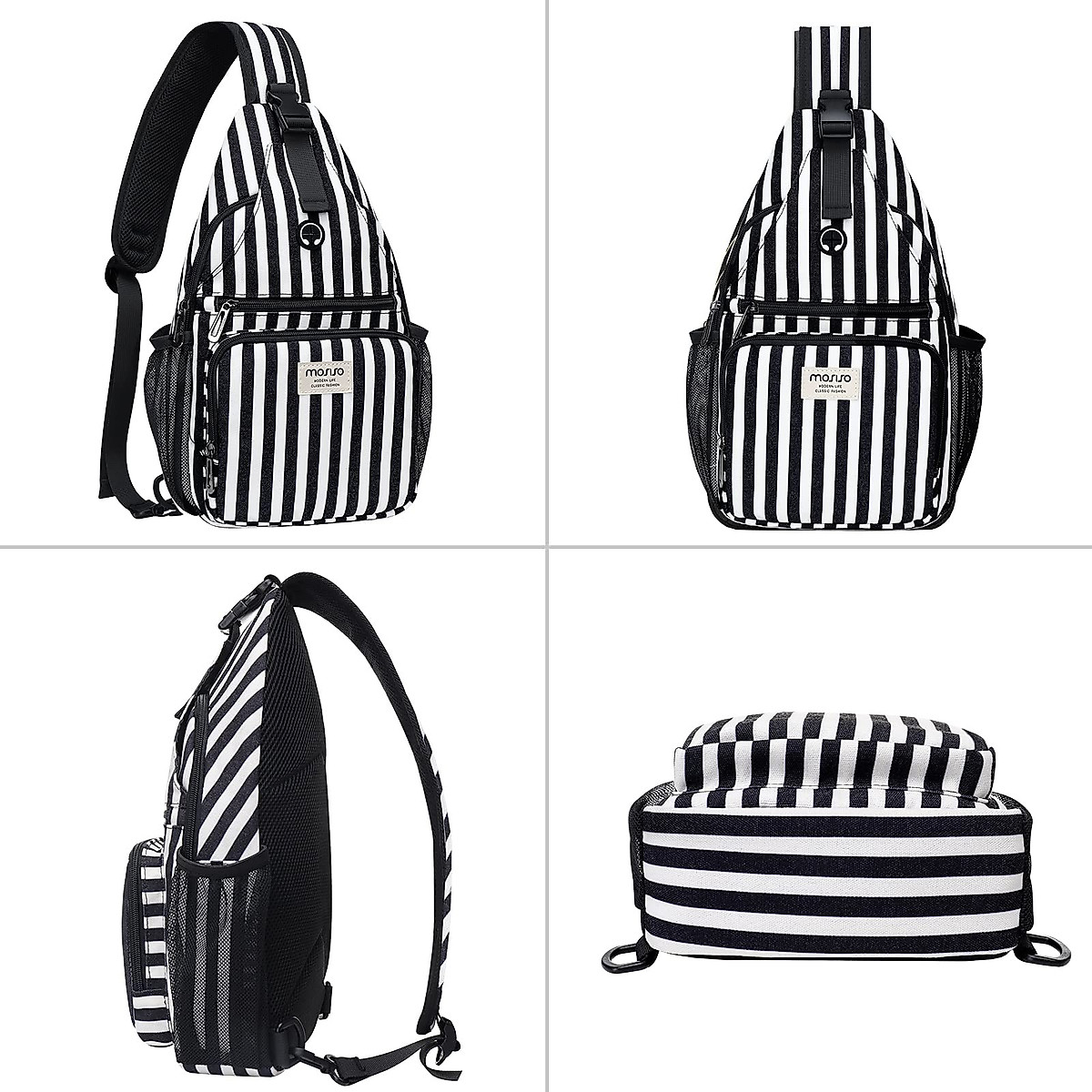 MOSISO Crossbody Sling Backpack, Vertical Stripe Sling Bag with Front Raised Pocket Travel Hiking One Shoulder Chest Bag Daypack, Black