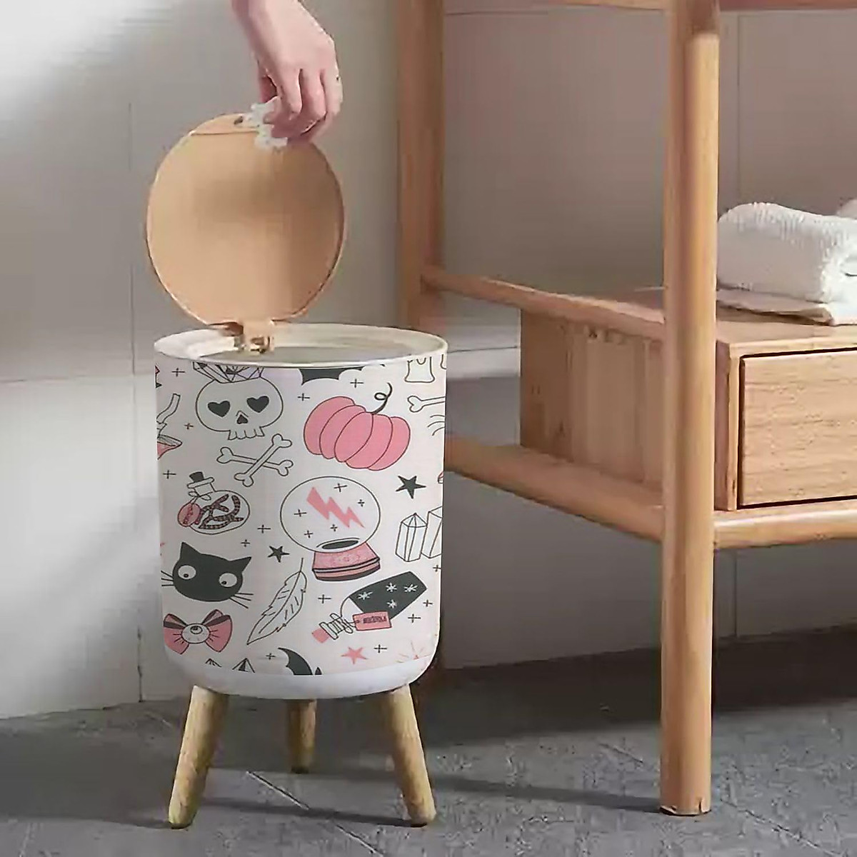 Small Trash Can with Lid for Bathroom Kitchen Office Diaper hand drawn seamless pattern Crystal bottles skull pastel Witching Bedroom Garbage Trash Bin Dog Proof Waste Basket Cute Decorative