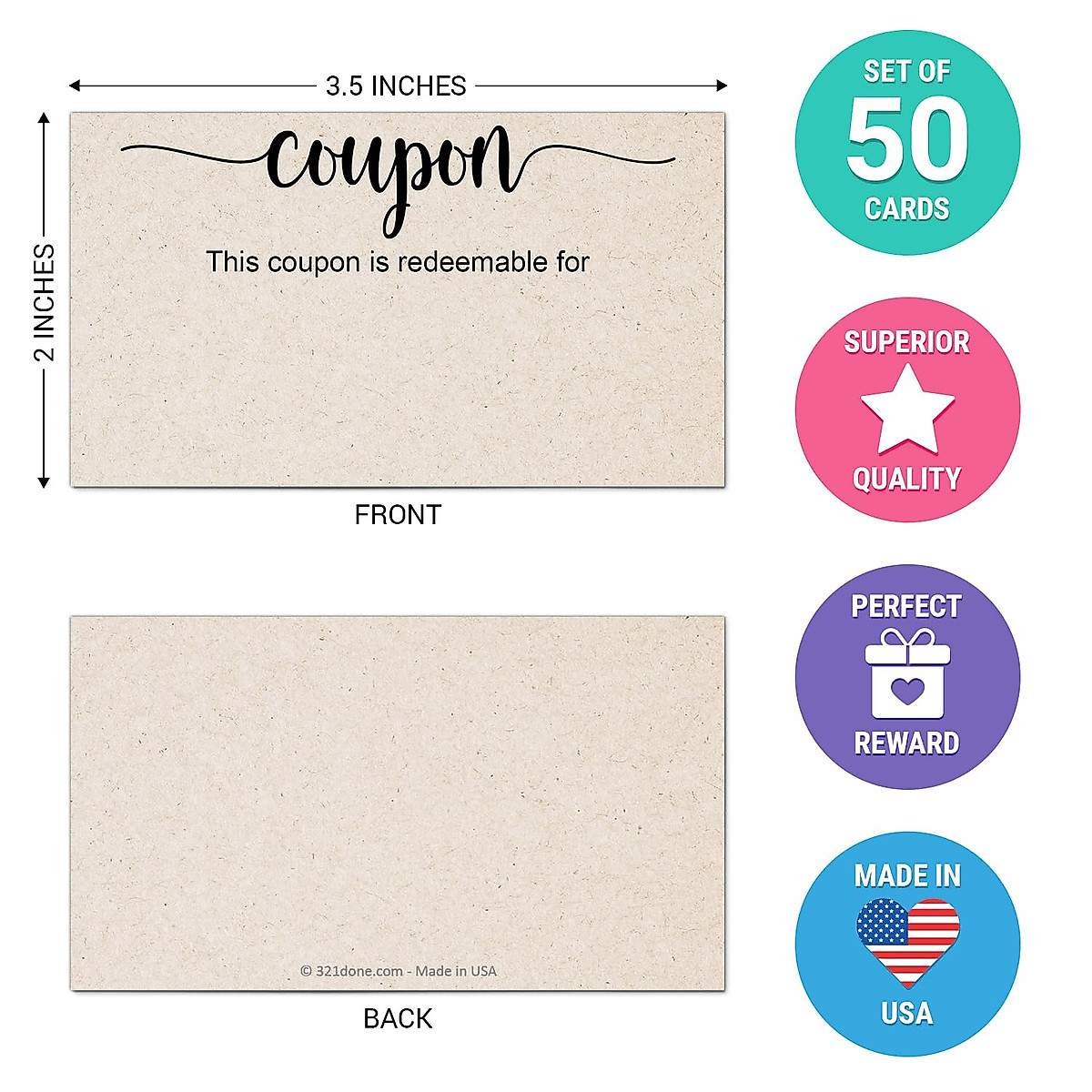 321Done Blank Coupon Cards Tan, 3.5x2 (50 Pack) Made in USA, Little DIY Gift Certificate, Vouchers for Present, Holiday, Valentines Simple Redeemable For Design, Thick Paper, Space to Personalize