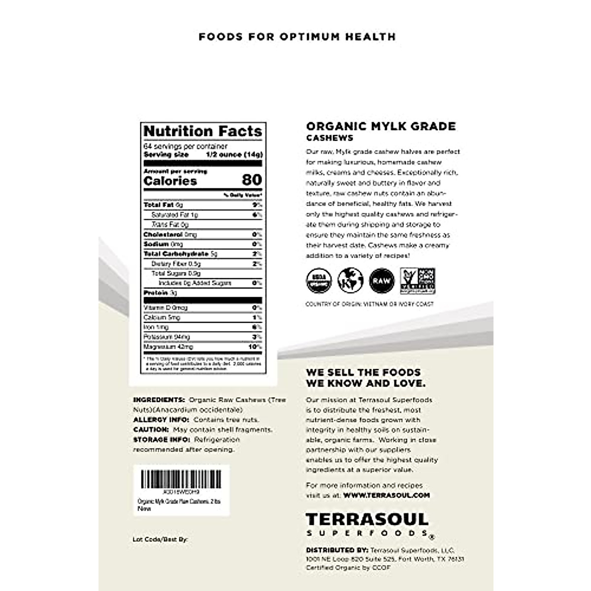 Terrasoul Superfoods Organic Raw Cashews (Mylk Grade), 2 Lbs, Premium Quality for Snacking, Desserts, Cashew Milk and Nut Butter Making