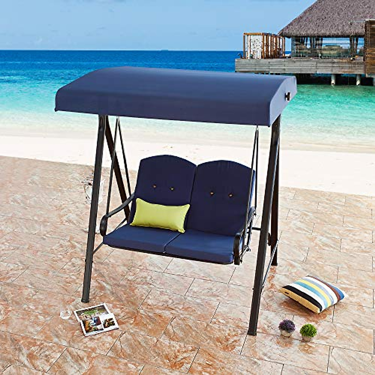 LOKATSE HOME 2-Person Canopy Outdoor Swing Chair Patio Hammock Seat with Cushions and Teapoys Loveseat Bench Bed Furniture, Blue
