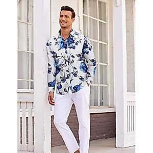 COOFANDY Men's Long Sleeve Dress Shirt - Casual Button Down (White & Blue, Large)