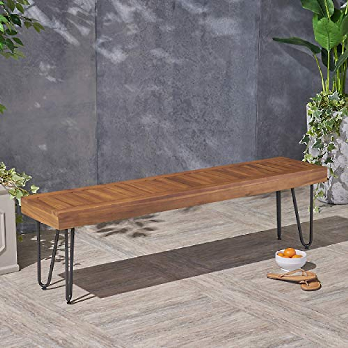 Christopher Knight Home Abbet Outdoor Industrial Wood Bench, Teak/Black Metal