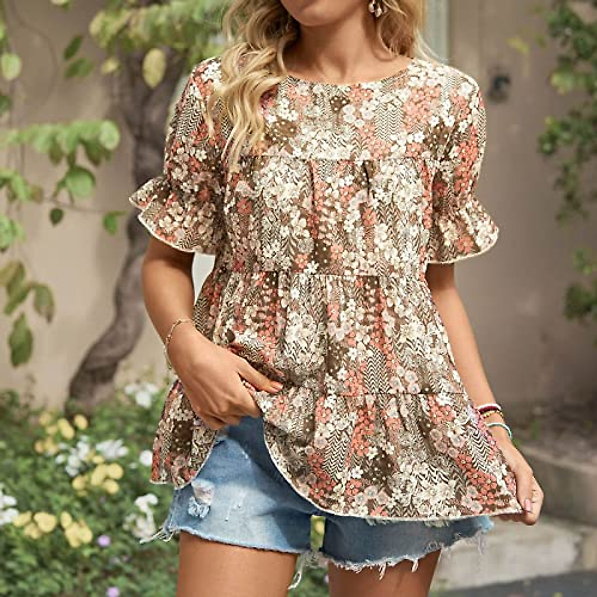 Women's Fashion Casual Summer V Neck Prints Stitching Short Sleeve Loose T Shirt Top Khaki