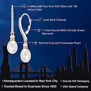 Gem Stone King 925 Sterling Silver and 10K Yellow Gold 9X7MM Cultured Freshwater Pearl and White Lab Grown Diamond Dangling Earrings with Leverback For Women