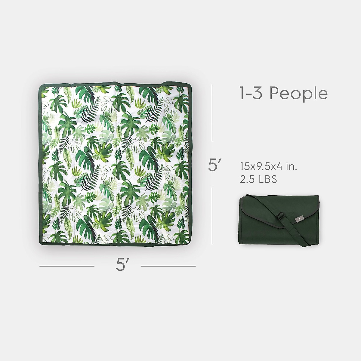 Little Unicorn 5'x5' Outdoor Family Picnic & Beach Blanket | Durable & Water-Resistant Fabric | Compact Fold & Easily Wipes Clean | Zipper Pocket (Tropical Leaf)