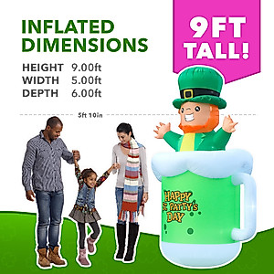 Holidayana 9ft St Patricks Day Inflatable Leprechaun Beer Mug - St Patty’s Leprechaun Coming Out of Beer Blow Up Yard Decoration, Includes Built-in Bulbs, Tie-Down Points, and Powerful Built-in Fan