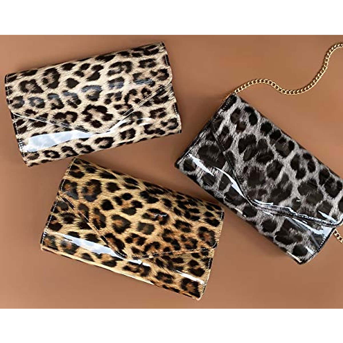 HOXIS Leopard Evening Handbag Women Envelope Clutch Patent Leather Glossy Purse with Shoulder Chain Strap (Brown Leopard)