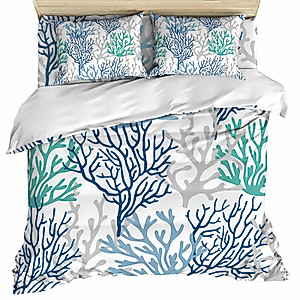 DecorLovee California King Duvet Cover Set - Blue Teal Grey Coral Coastal 4 Pcs Comforter Cover Bedding Sets, Summer Beach Nautical Ocean Microfiber Bed Sheet Soft Quilt Cover with 2 Pillow Shams