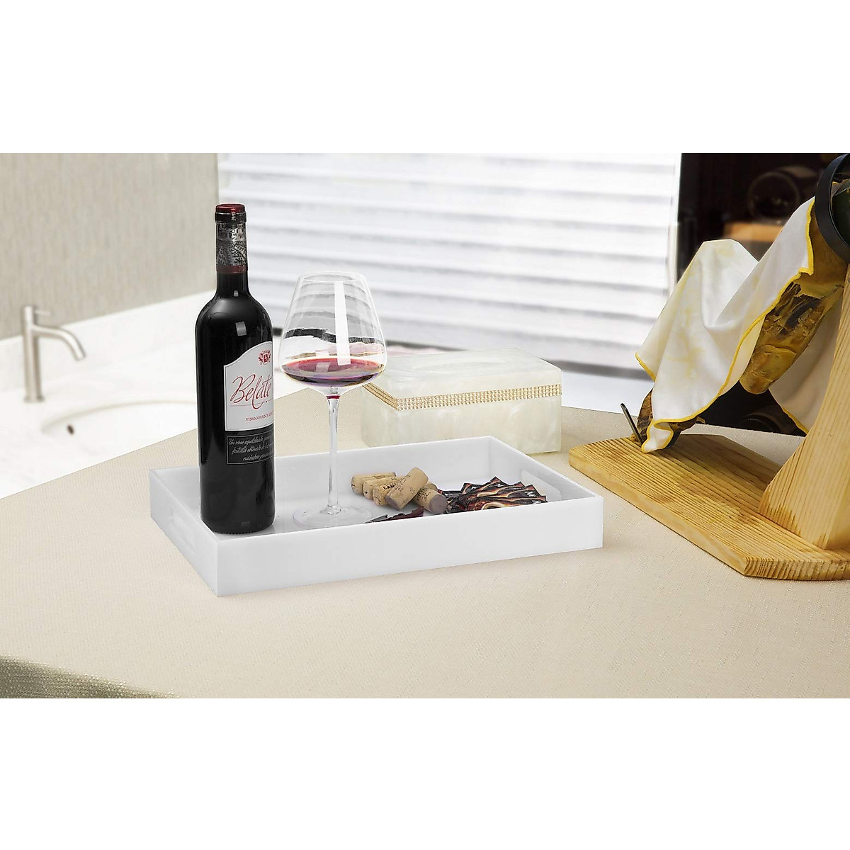 KEVLANG Glossy White Sturdy Acrylic Serving Tray with Handles-10x15Inch-Serving Coffee Appetizer Breakfast Butler-Kitchen Countertop-Makeup Drawer Organizer-Vanity Table Tray-Ottoman Tray