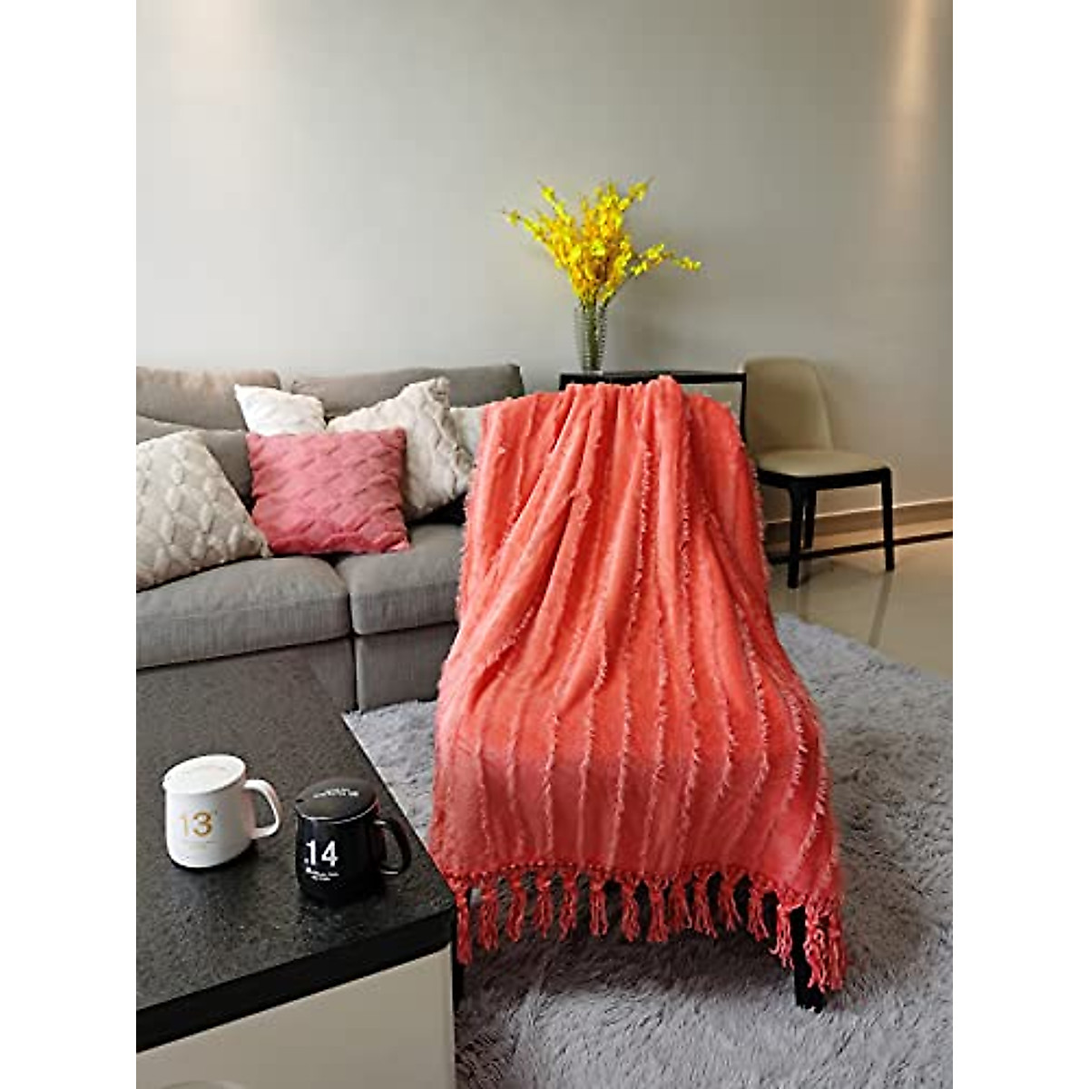 Cazlon Eyelash Textured Boho Style Decorative Throw Blanket with Chenille Tassels,100% Oeko-Tex Certified Flannel Blanket,Lightweight Cozy Throw for Bed Sofa Couch (50"x60", Coral Orange)