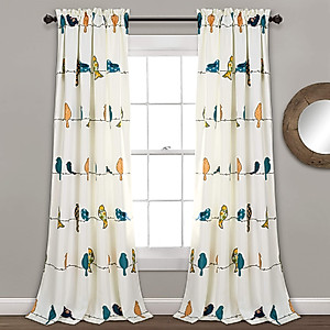 Lush Decor Rowley Birds Light Filtering Window Curtain Panels, Pair, 52" W x 84" L, Multi - Colorful Floral Print - Whimsical & Playful Bird Curtains For Bedroom, Living Room, Or Dining Room