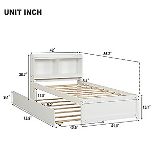 Twin Bed with Trundle, Twin Size Platform Bed with Bookcase Headboard and Pull Out Trundle Bed, Wooden Twin Bed Frame with Storage Shelves, No Box Spring Needed (Twin, White)